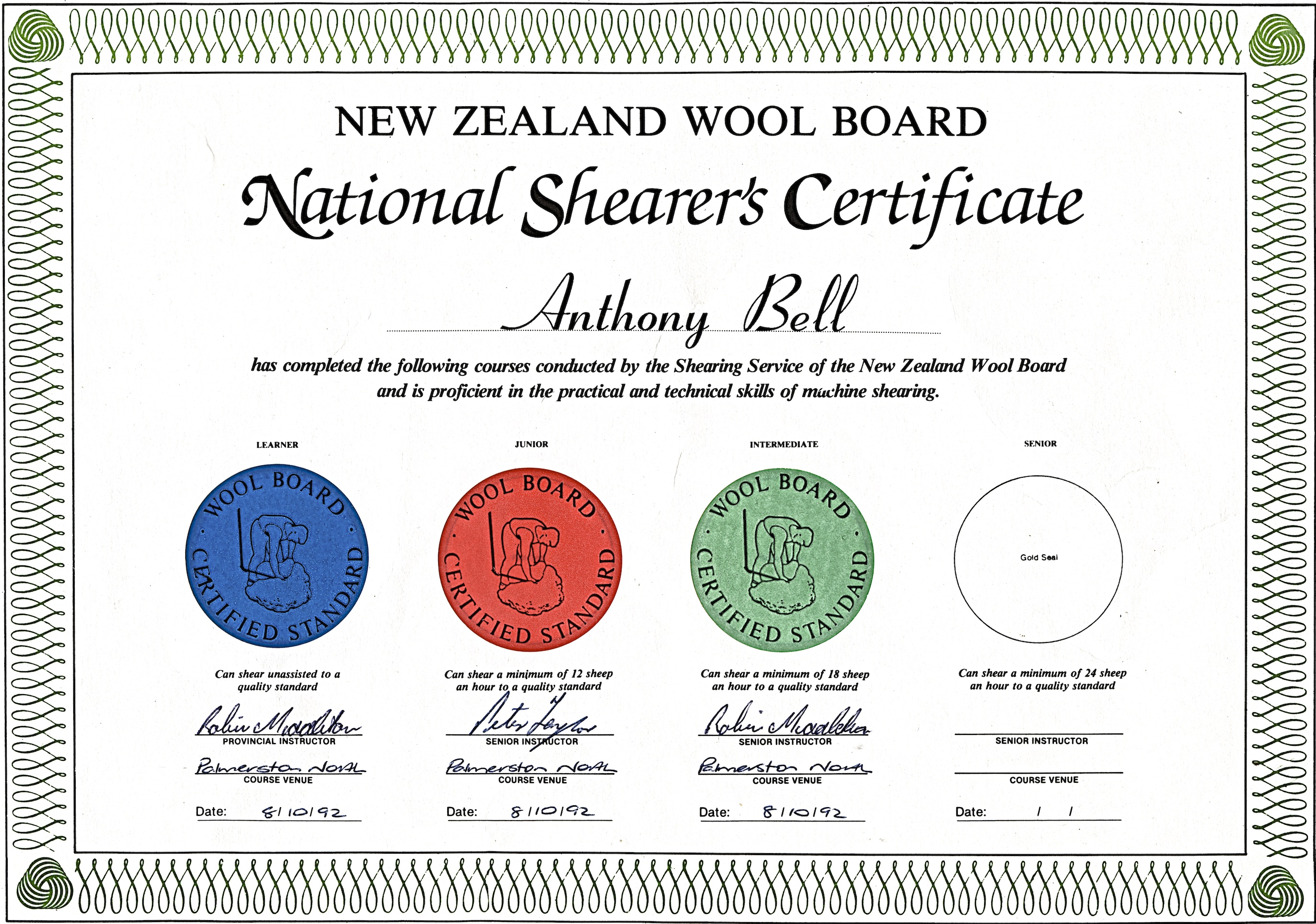 New Zealand Wool Board National Shearer's Certificate awarded to ...