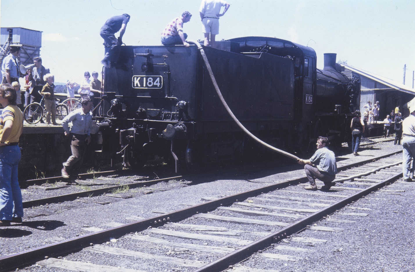 K Class Locomotive, Mansfield Station 1973. Filling water into tender ...