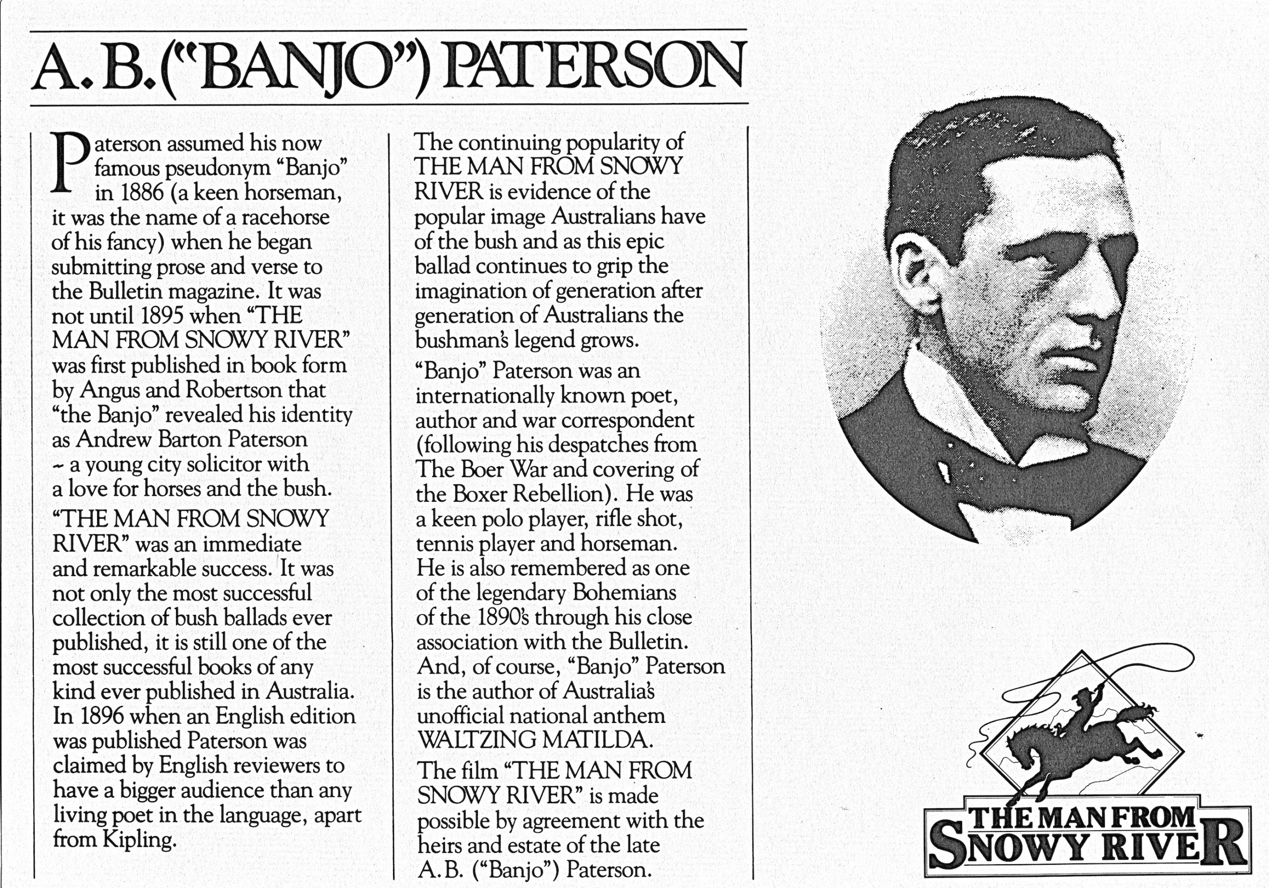 The Man from Snowy River Publicity flyer with information about A. B ...